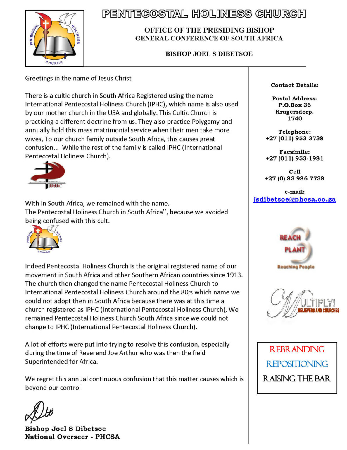 Pentecostal Holiness Church South Africa Makes Differentiation from ...